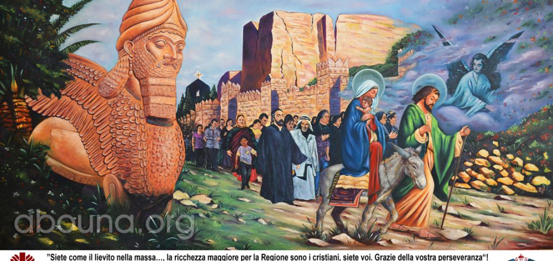 الأب رفعت بدر يقدم للبابا فرنسيس لوحة تمثل تهجير مسيحيي العراق Abouna